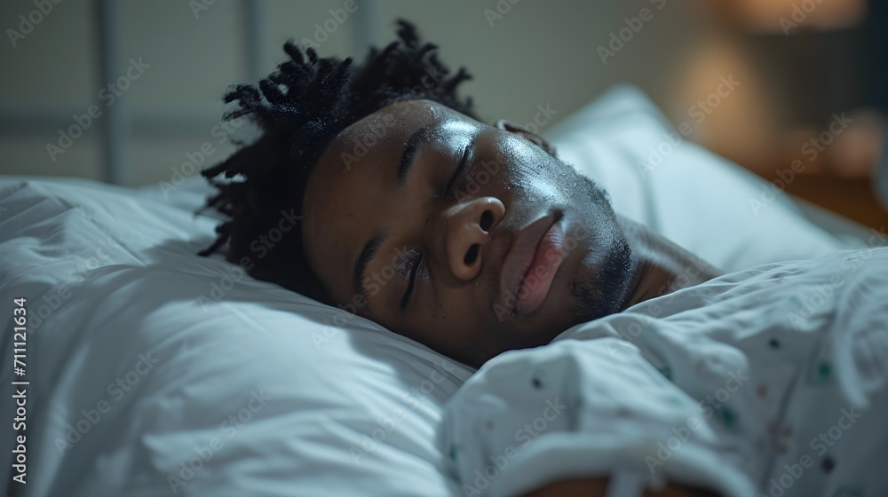 Portrait of a young black male sleeping sick in a hospital bed with a ...