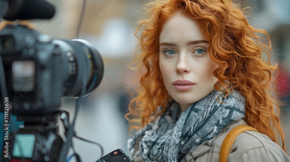 Portrait of a red curly hair white female reporter in action ...