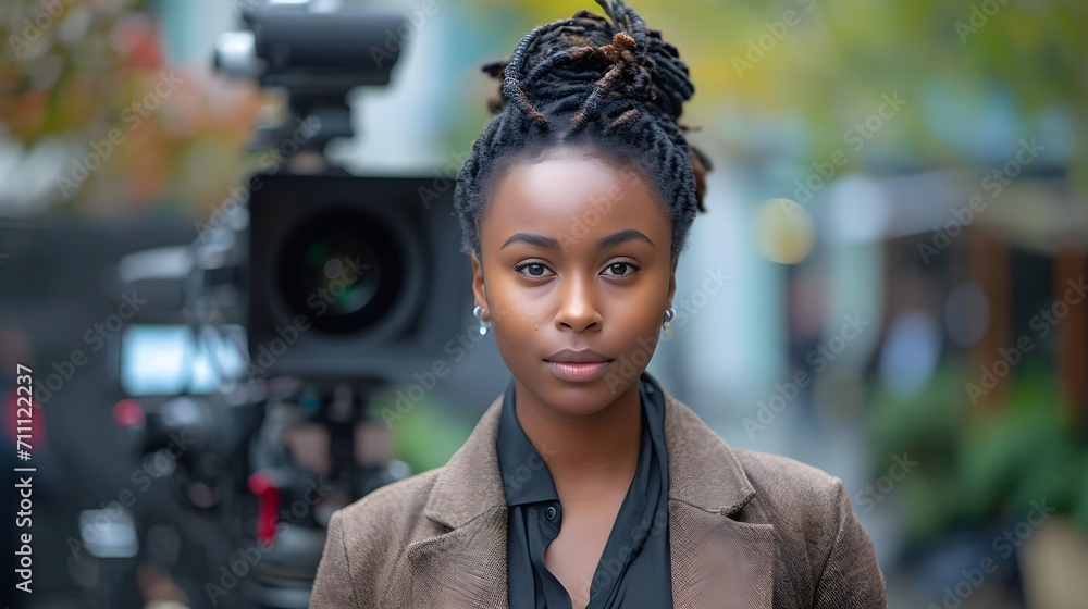 Portrait of a black female news reporter in action, background image ...
