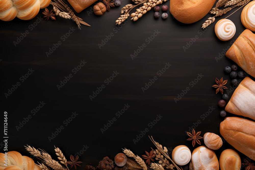 Bakery and pastry style border design with space to place text on dark ...