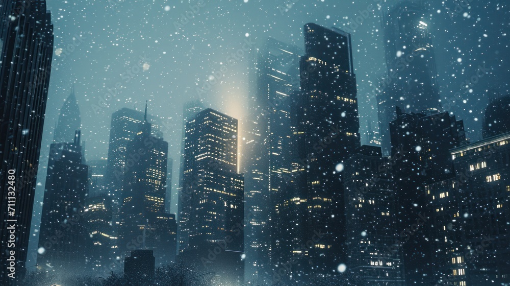 Cold winter with heavy snow of a futuristic city with modern skyscraper ...