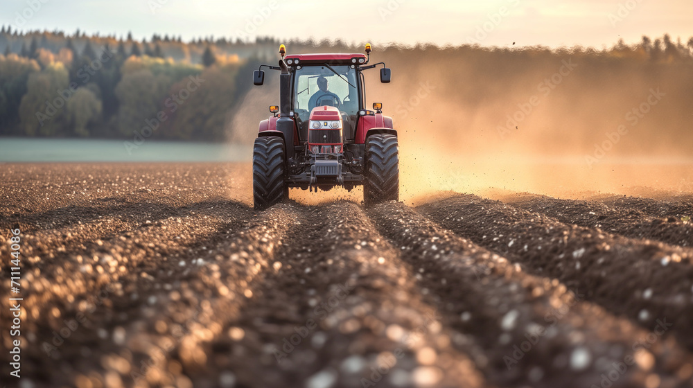 Hardworking Farmer Tilling Soil With Red Tractor in Sunlit Agricultural ...