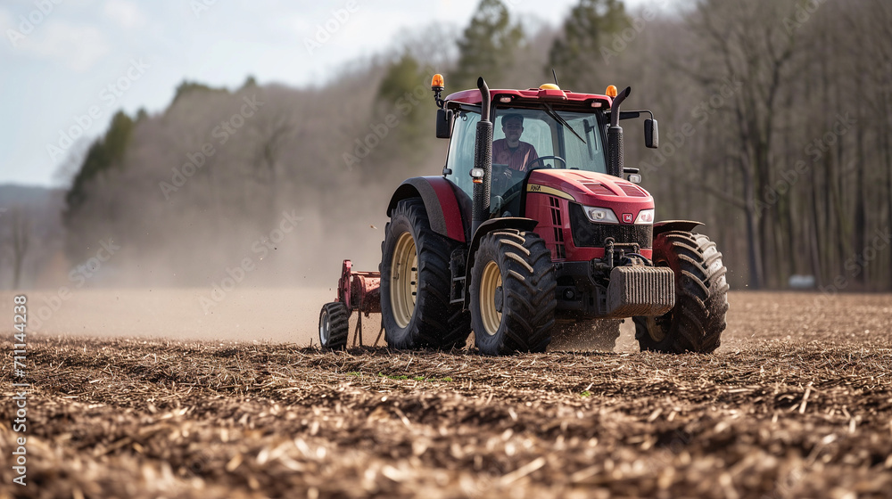 Hardworking Farmer Tilling Soil With Red Tractor in Sunlit Agricultural ...