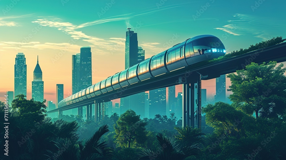 Monorail train, futuristic design, elevated road against the sky with ...