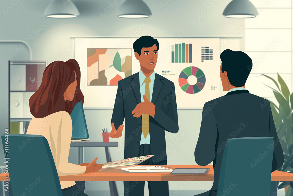 An animated illustration of a business presentation, showing a speaker ...