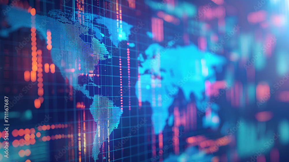 A photorealistic image of a world map with trade routes and economic ...