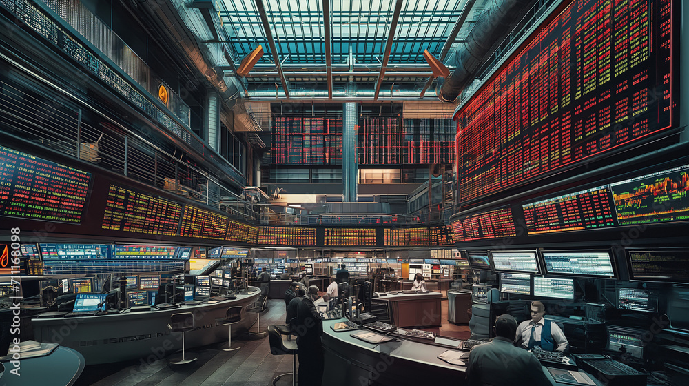 An expansive view of a stock exchange floor, bustling with traders and ...