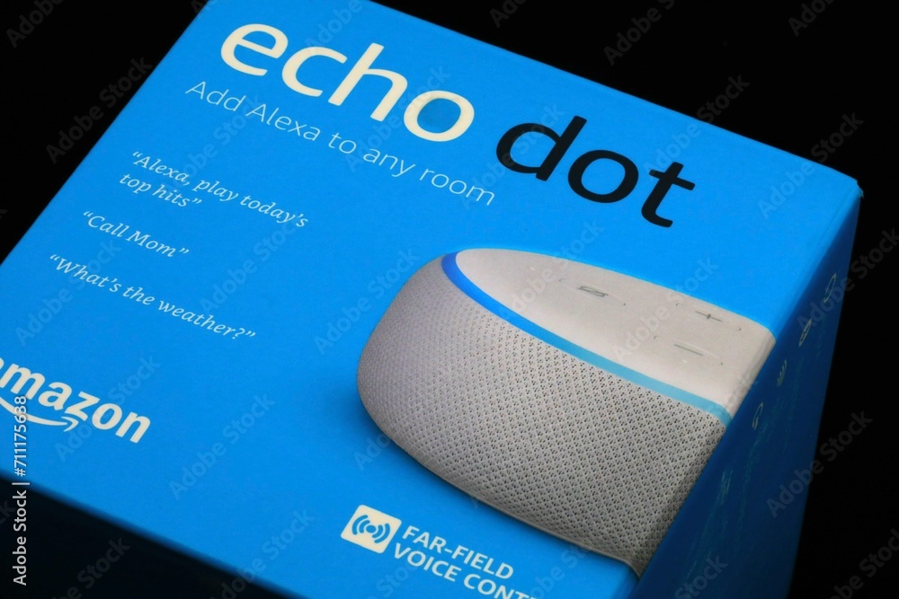 Amazon Echo Dot. Alexa, virtual assistant AI in point of sale product ...