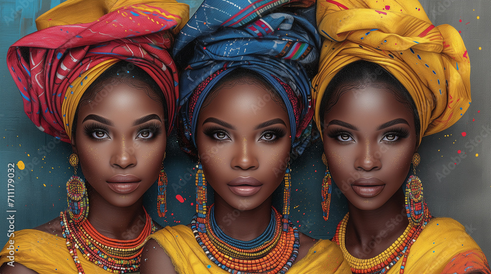 Horizontal poster with three female faces of beautiful African women ...