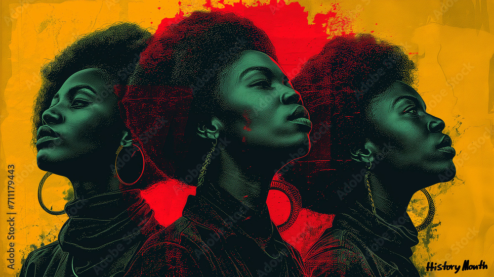 Black History Month red poster of Afro American women looking up with ...