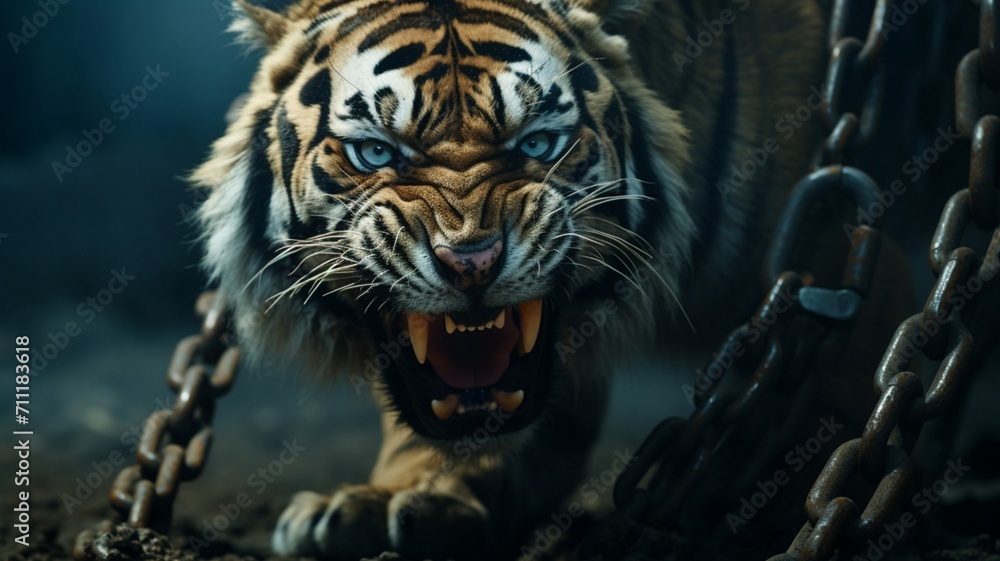 Fierce Tiger Roaring and Struggling Against Restraining Chains in a ...