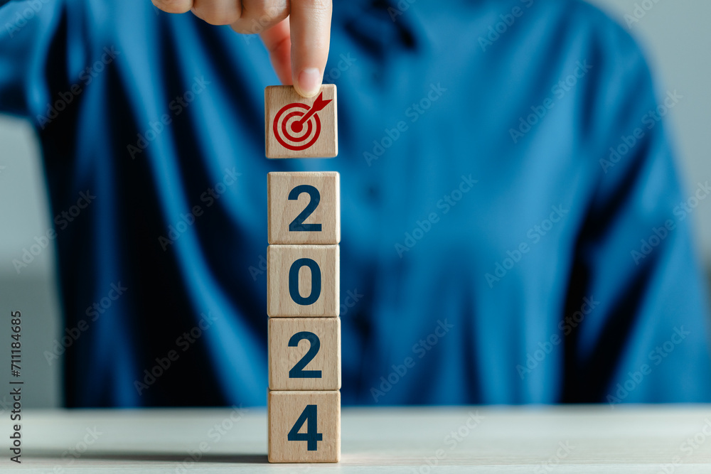 Hand-place wooden cubes with goal icon, Wooden cubes with 2024 and ...