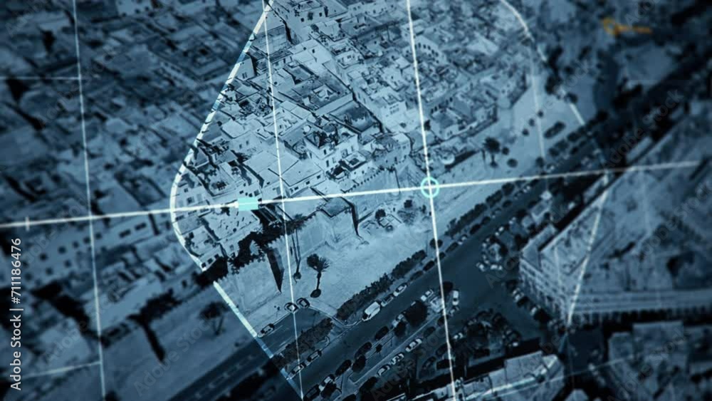 Flying Above Old Arabian City. Satellite Spy Camera Screen. Searching ...