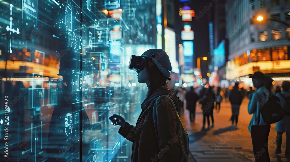 VR Experience in Futuristic City High-Resolution Image of Person with ...