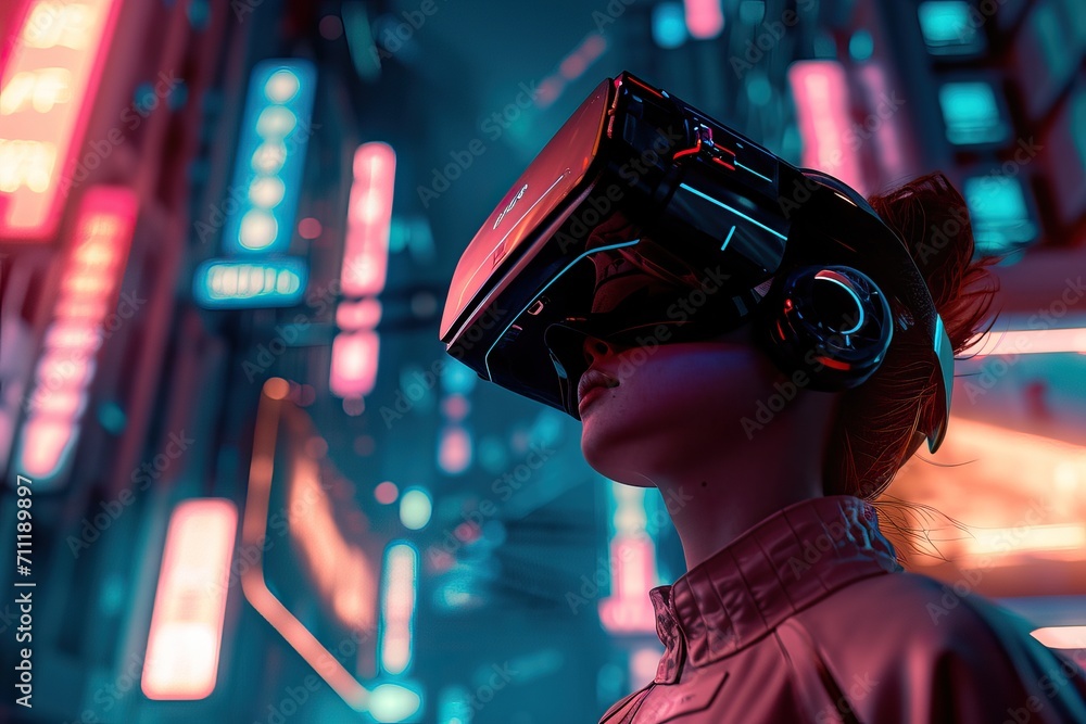 VR Experience in Futuristic City High-Resolution Image of Person with ...