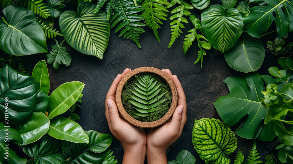 Top view of hands holding a pot with leaf of fearn and tropical plants ...