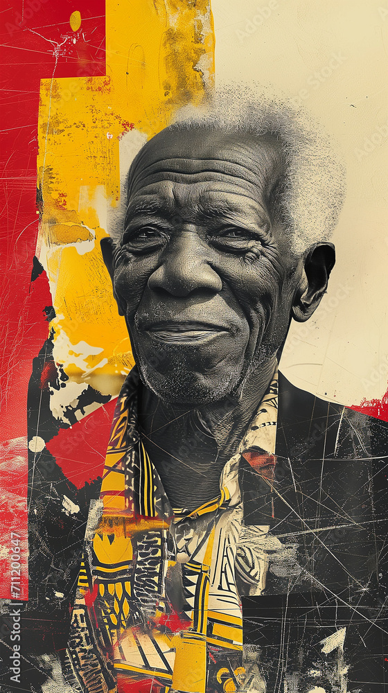Portrait of African man, black old grandfather; modernist cutout ...
