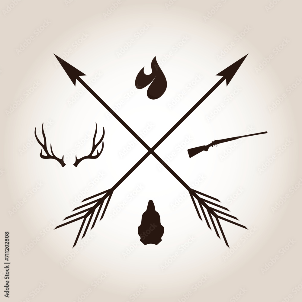 cross arrow, weapon and fire flame logo. Outdoor campfire and hunting ...