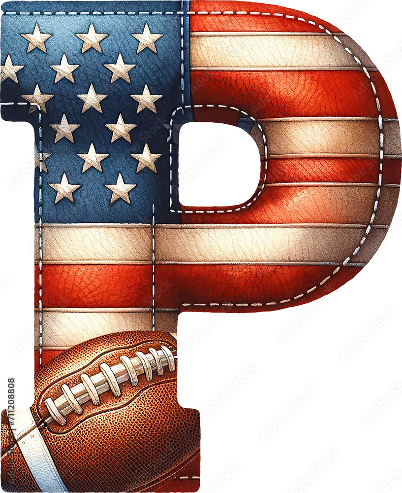 Alphabet letter P, American football font, American flag with football ...