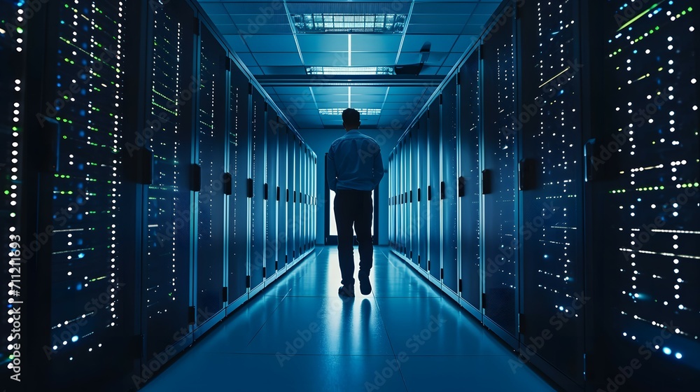 IT Engineer in big database server center office. Big cloud data center ...