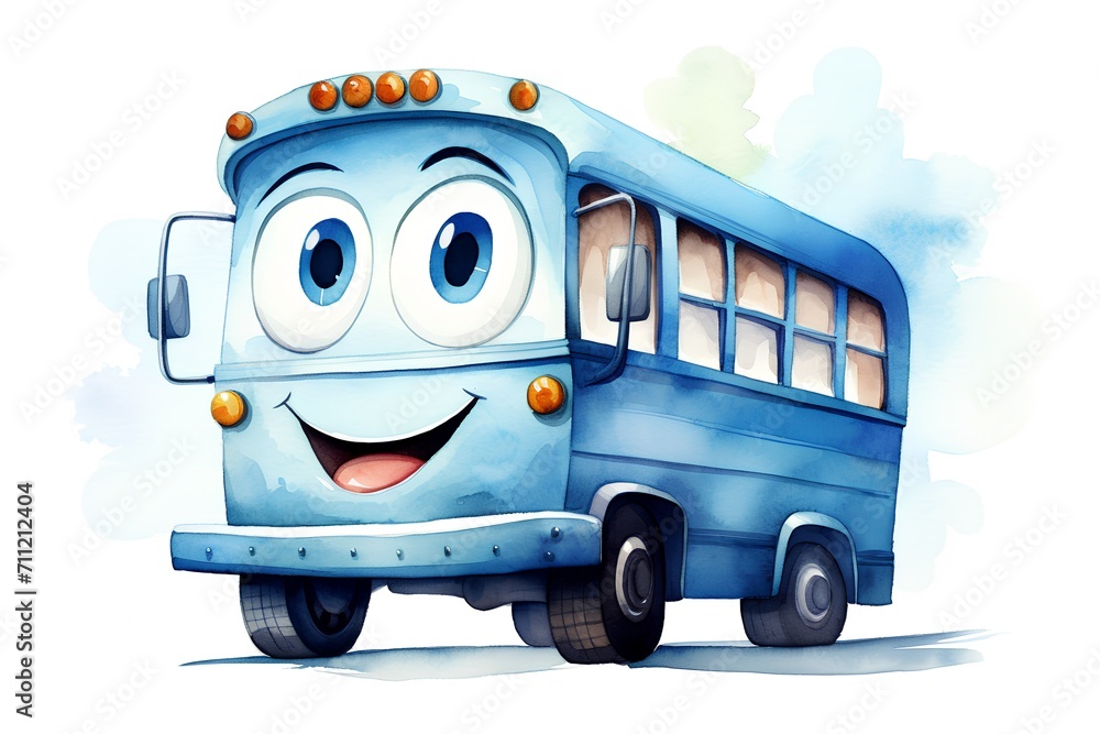 cartoon bus isolated on white background - watercolor illustration for ...