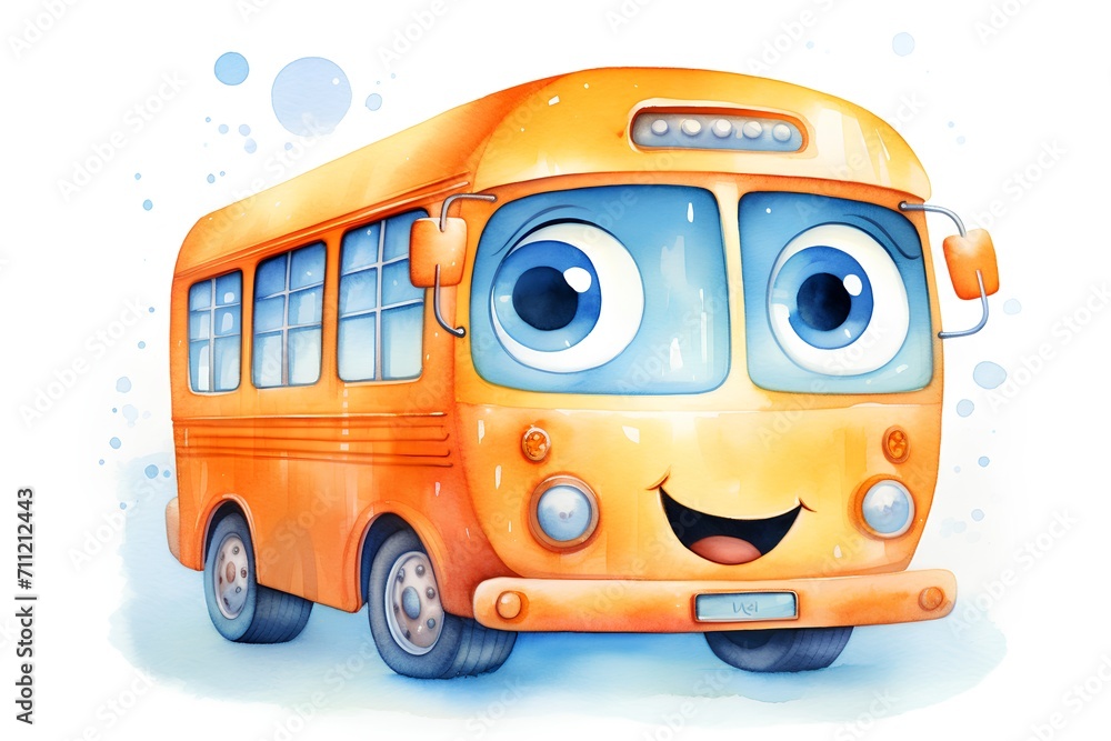 Cute cartoon school bus with smiling face. Hand drawn watercolor ...
