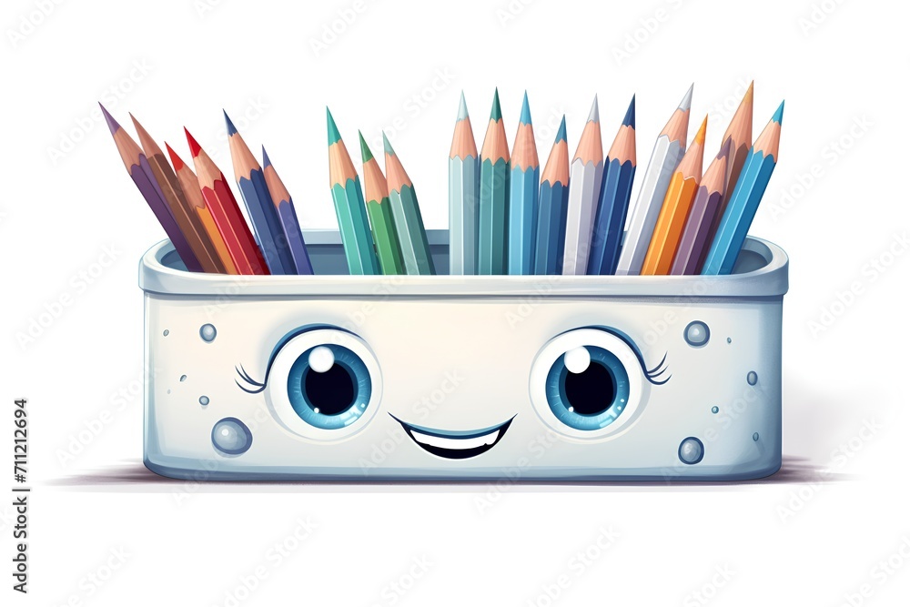 Cartoon pencil box with smiling face. Vector illustration isolated on ...