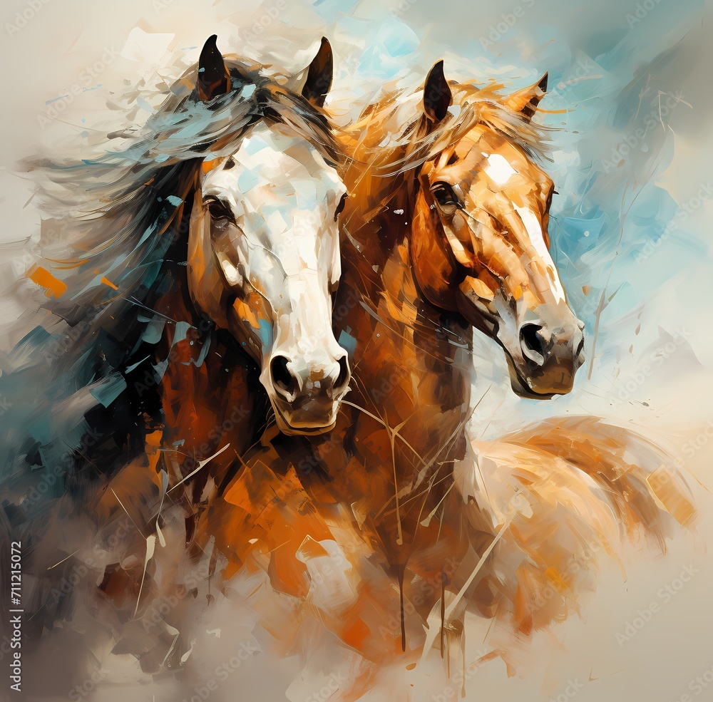 two horses, noses together, style of rough sketch, force drawing ...