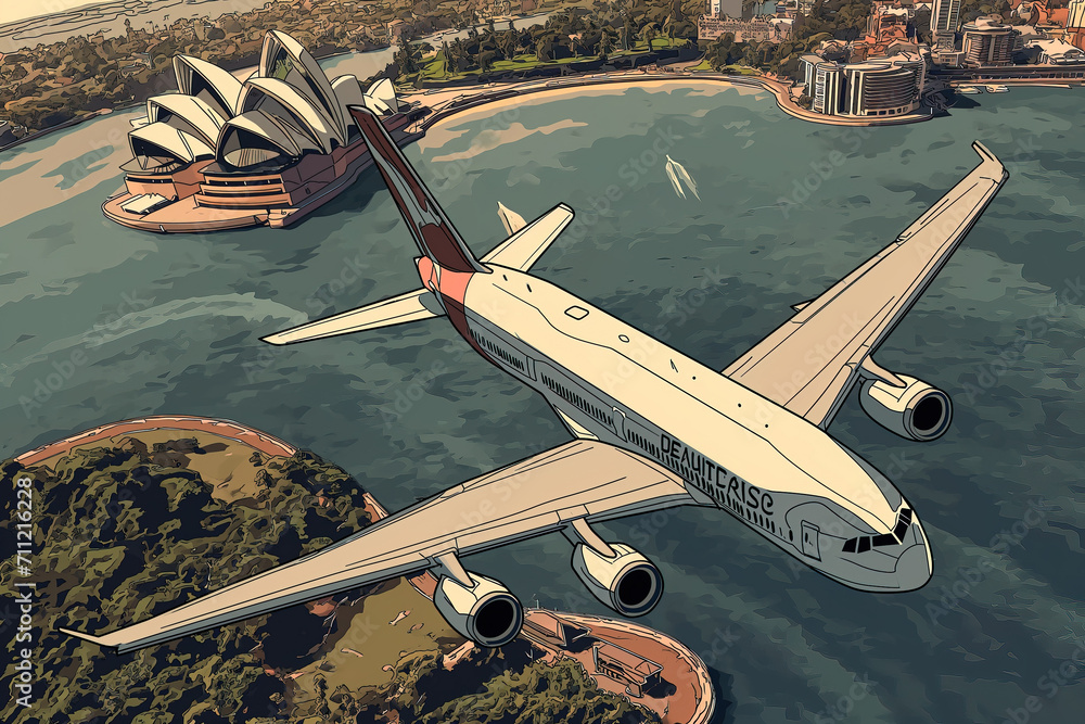 Airplane above Sydney Opera House in Australia, cartoon illustration ...