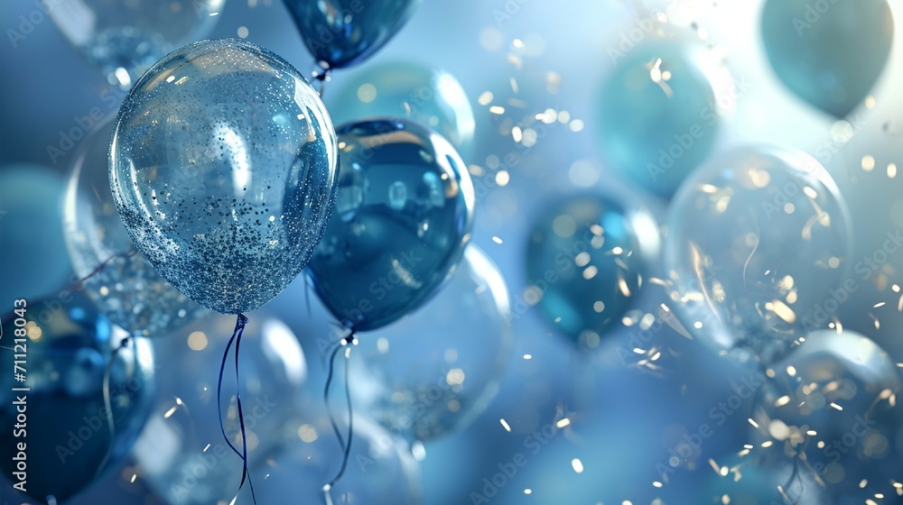 A sky filled with various shades of blue balloons, some transparent ...