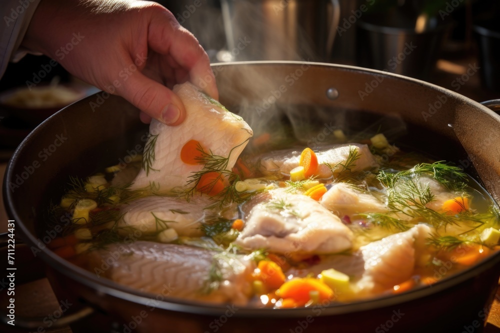 An appealing closeup capturing a sful of Gefilte fish mixture being ...