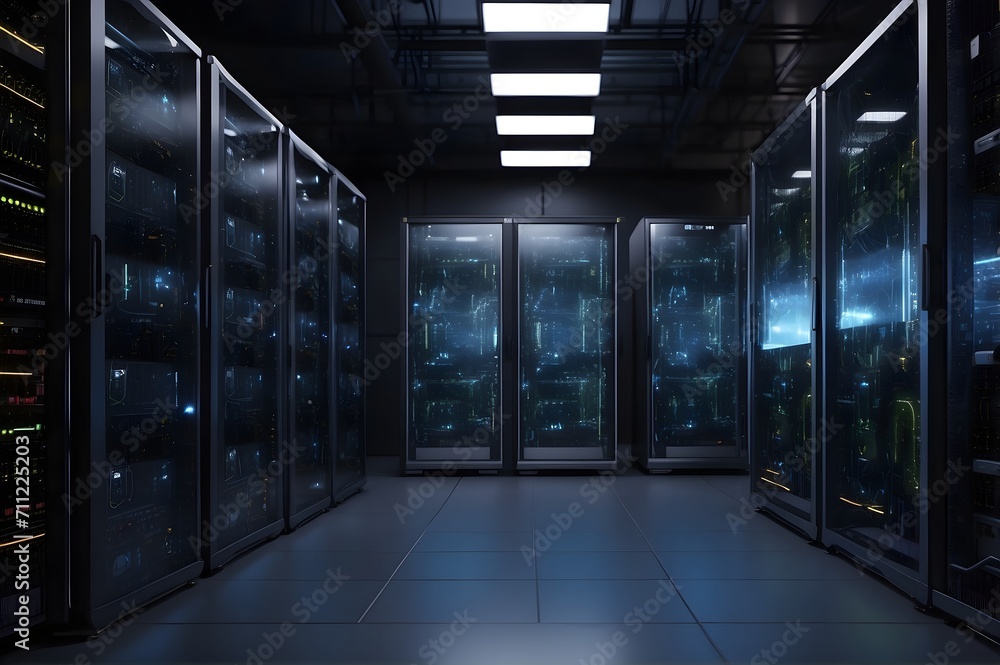 Modern Data Technology Center Server Racks in Dark Room with VFX ...