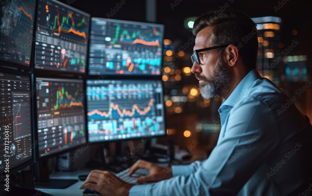 Analyst man work business market analytics complex charts on multi ...