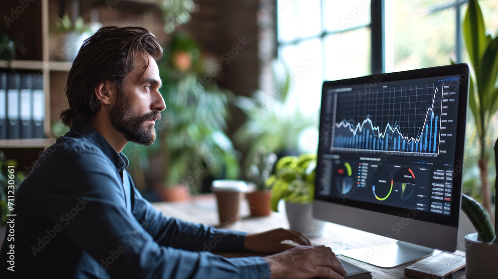 Analyst man work business market analytics complex charts on multi ...