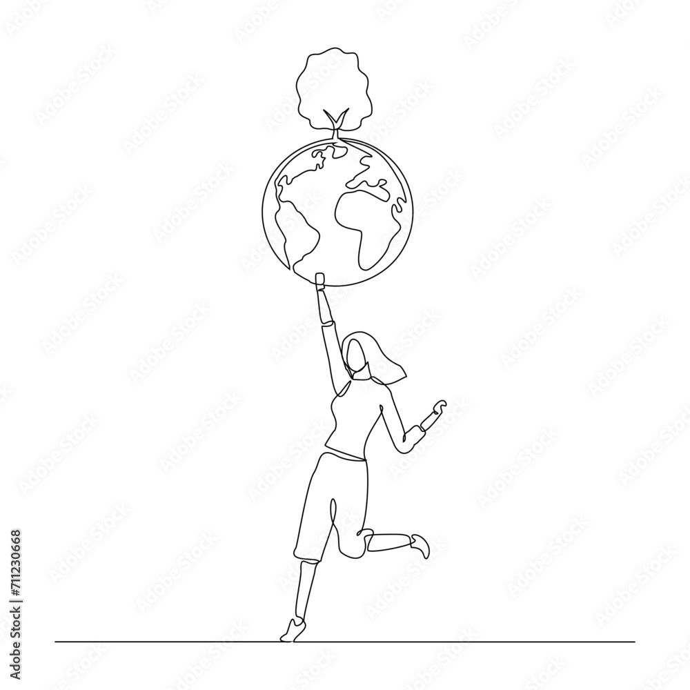 Continuous single line sketch drawing of happy woman holding earth ...