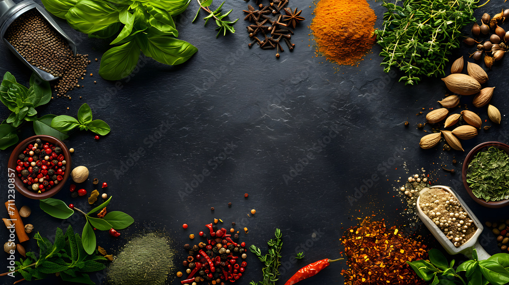 Spices and herbs on dark textured background, Different seasonings ...