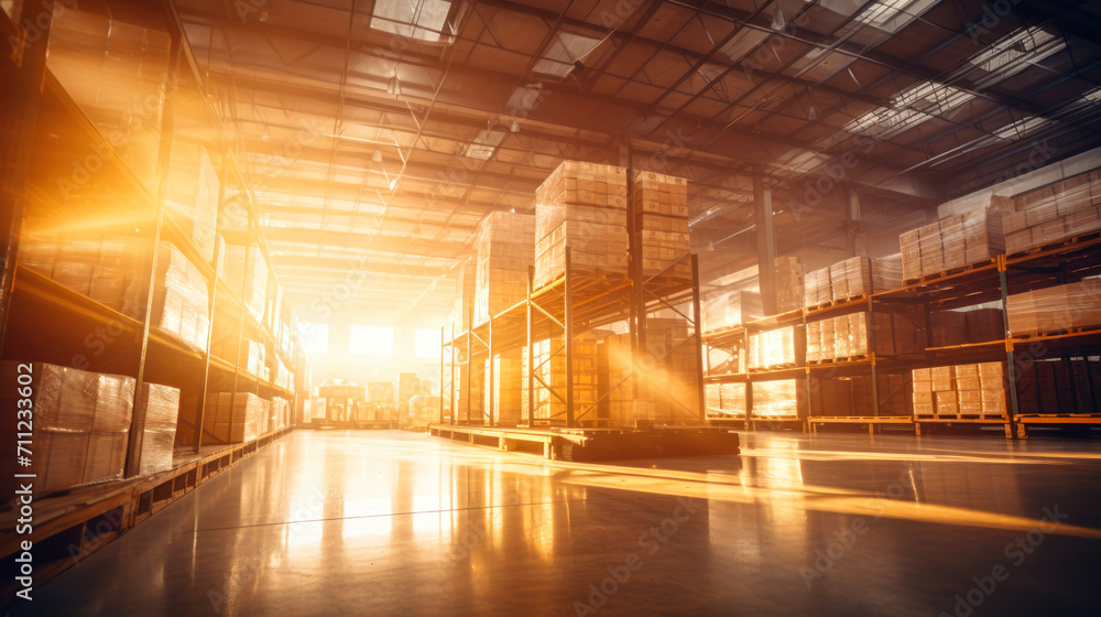 Retail warehouse full of shelves with goods in boxes. Complete with ...