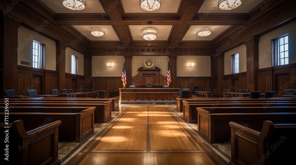 The solemn atmosphere of a courtroom captured through its orderly ...