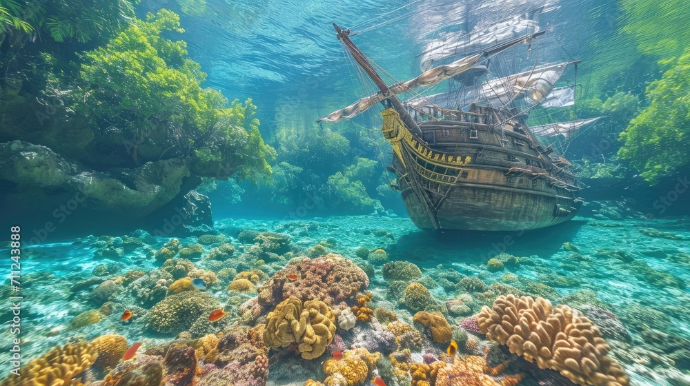 Sunken pirate ship near a beach with visible treasure through the clear ...