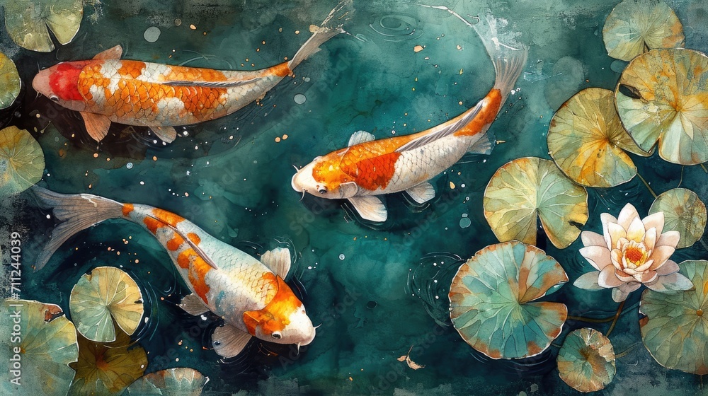 Watercolor illustration of a koi pond, vibrant koi fish swimming amidst ...