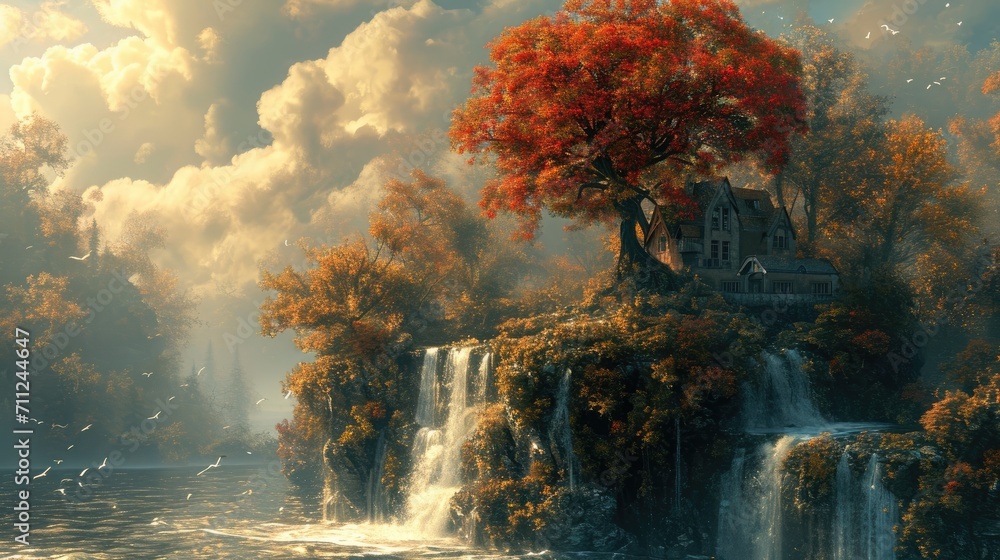 Fantasy scene depicting a painters canvas, where the painted scenery ...