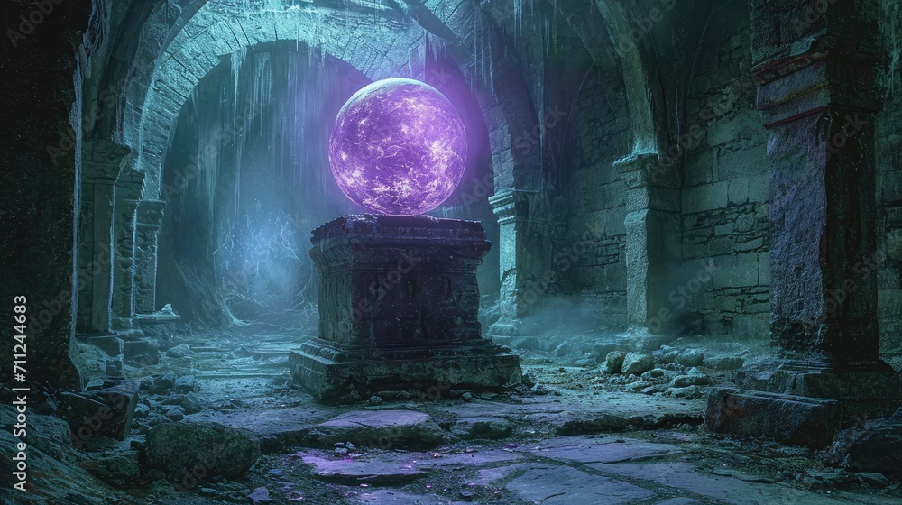 Medieval scene with a purple orb atop an ancient pedestal, inside a ...