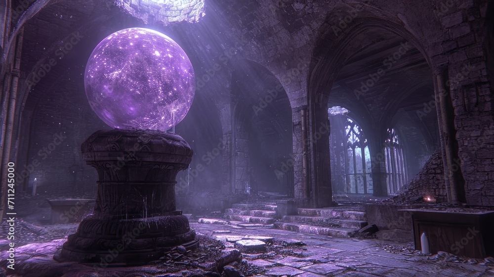 Medieval scene with a purple orb atop an ancient pedestal, inside a ...