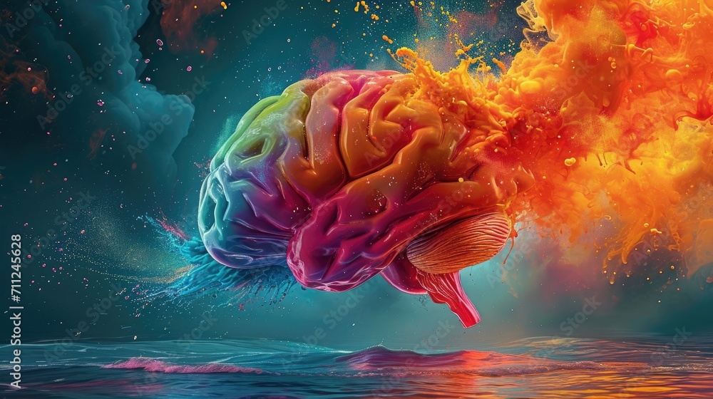 Abstract depiction of a human brain transforming into a vibrant burst ...