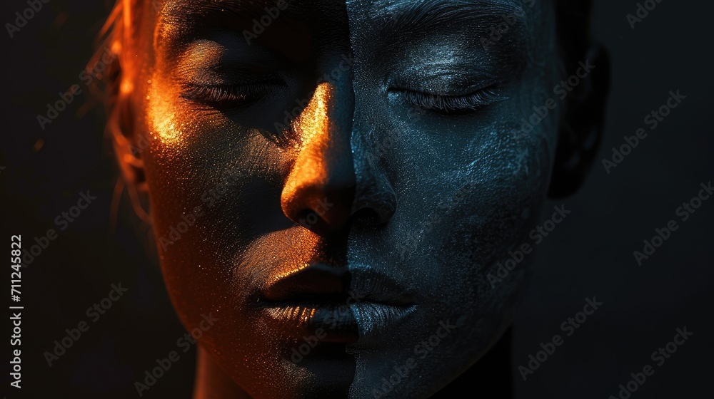 Artistic representation of human emotions, a face with half in shadow and half in light ...