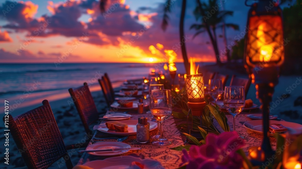 Romantic dinner on a Hawaiian beach, tiki torches casting a soft glow ...