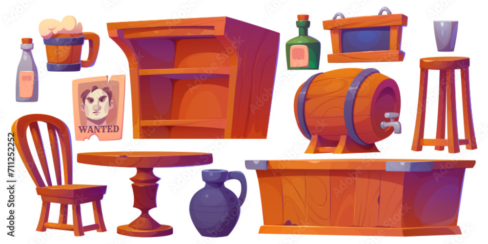 Western bar furniture set isolated on white background. Vector cartoon ...