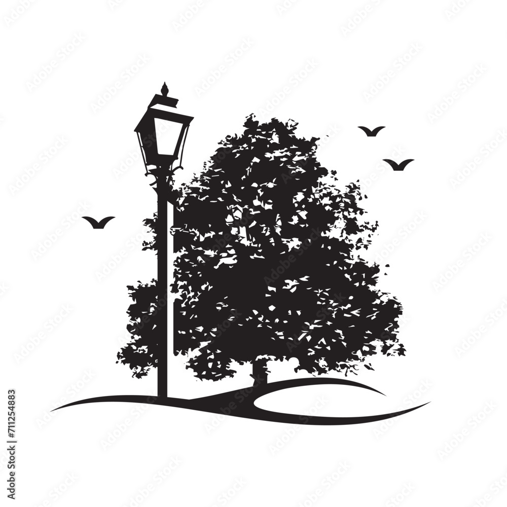 Old school lamp post street with oak tree and birds black and white ...