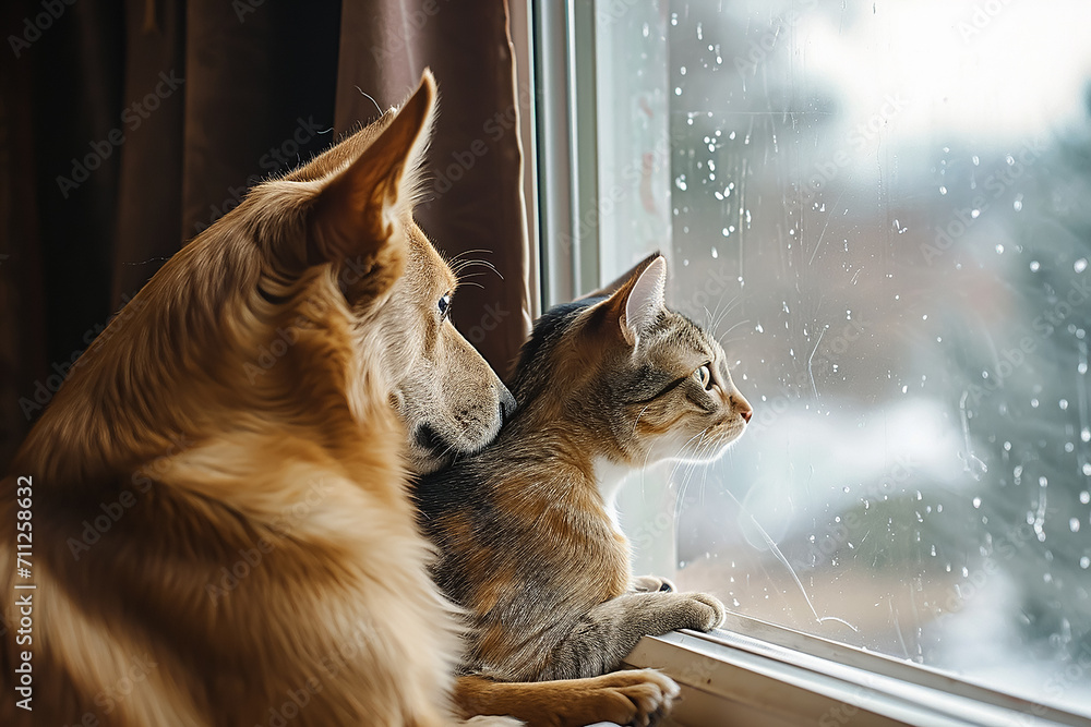 Dog and cat as best friends, looking out the window together Stock ...