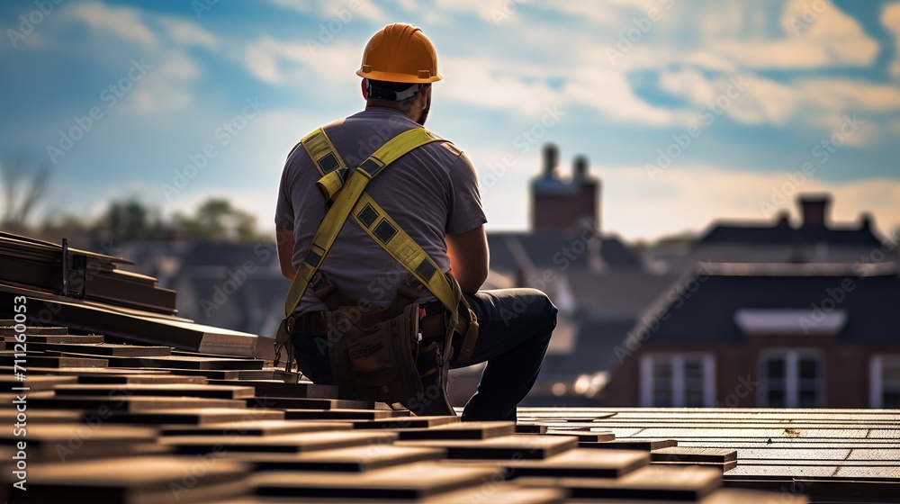 Foto de Construction worker installing slates on a sloping roof of a ...